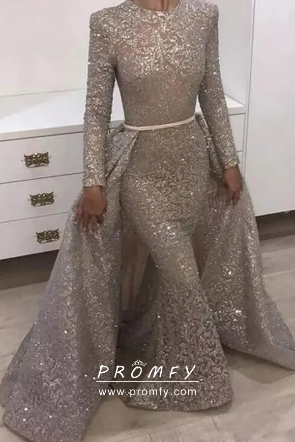 Champagne Glitter Lace Overskirt Prom Formal Dress - Promfy