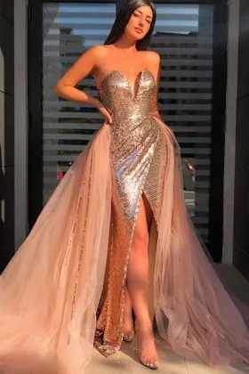 Sparkly Pink Sequin Strapless High Slit Prom Dress - Promfy