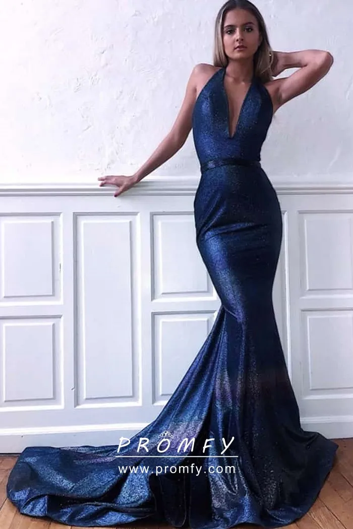 Midnight Glitter Plunging Neckline Mermaid Prom Dress - Promfy