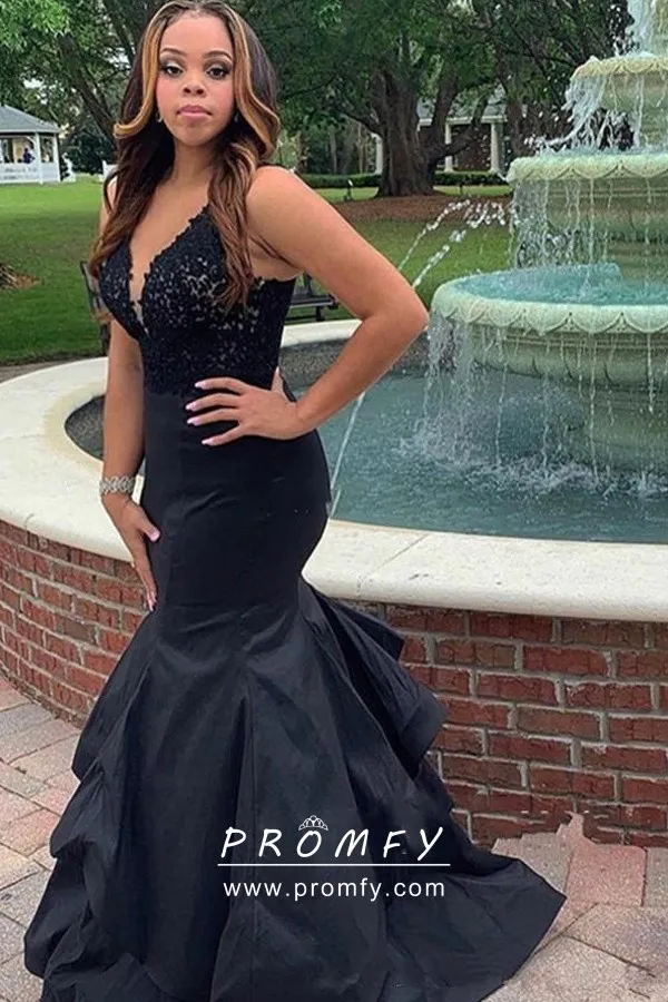Black Lace & Satin Plunging Neck Ruffled Prom Dress - Promfy