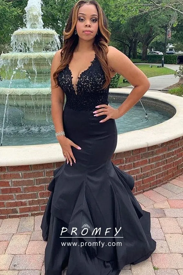 Black Lace & Satin Plunging Neck Ruffled Prom Dress - Promfy