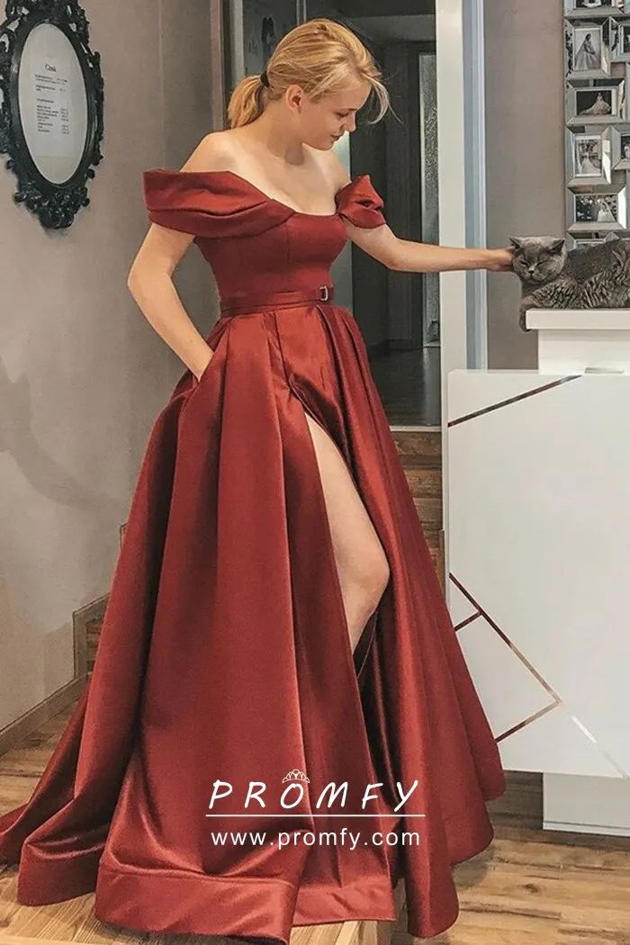 Off-the-shoulder Plum Satin Designer Slit Prom Gown - Promfy