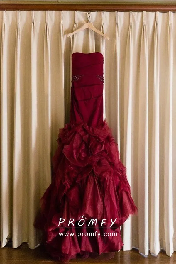Maroon Satin & Ruffled Organza Long Engagement Gown - Promfy