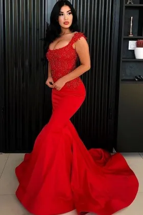Simple Red Satin Strapless Mermaid Formal Dress - Promfy