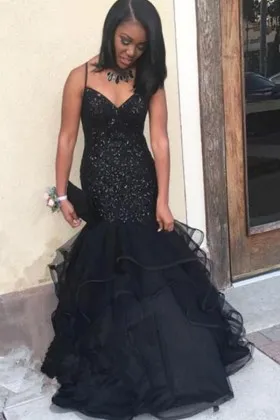 Modern Black Glitter Ruffled Puffy Long Prom Dress - Promfy