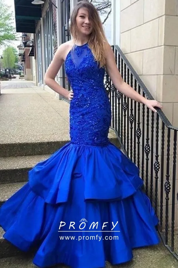 Royal Blue Lace Satin Two-tiered Trumpet Prom Dress - Promfy