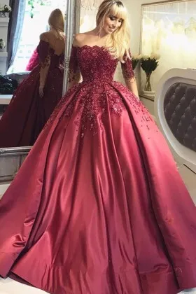 Vintage Inspired Bright Red Satin Prom Ball Gown - Promfy