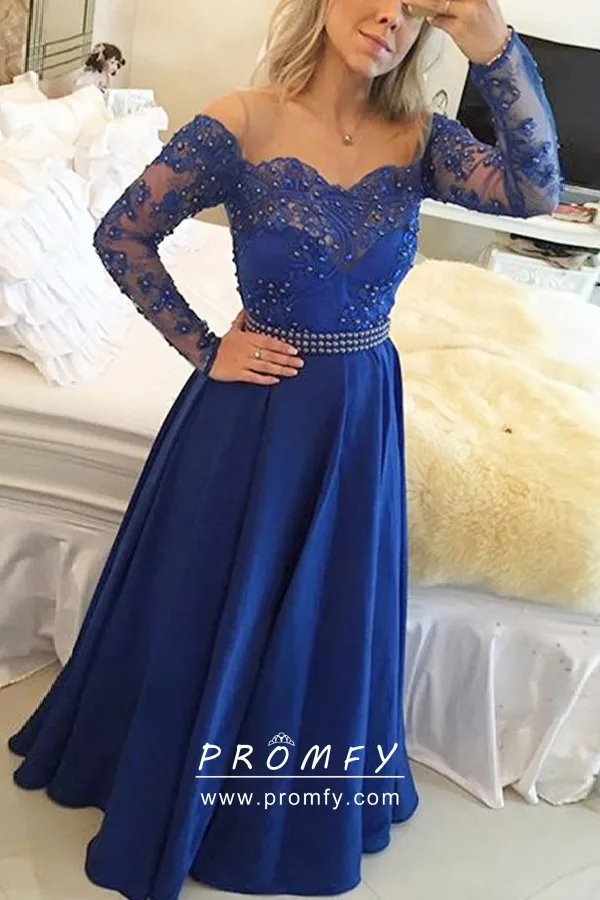 Pearls Adorned Sapphire Blue Long Sleeved Prom Gown - Promfy