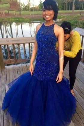 Royal Blue Lace Satin Two-tiered Trumpet Prom Dress - Promfy