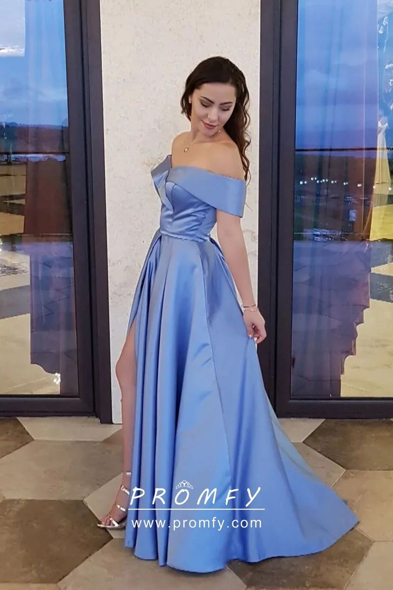 Sky Blue Satin Off-shoulder Slit Fashion Prom Dress - Promfy