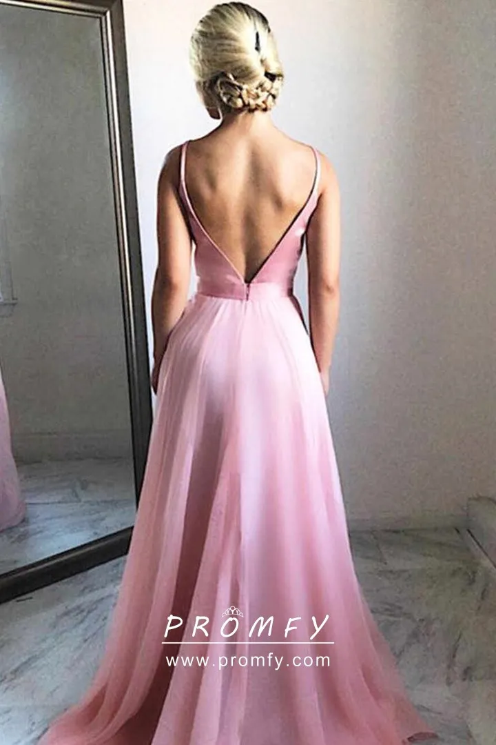 Pastel Pink Satin Chiffon V Neck Simple Prom Dress - Promfy