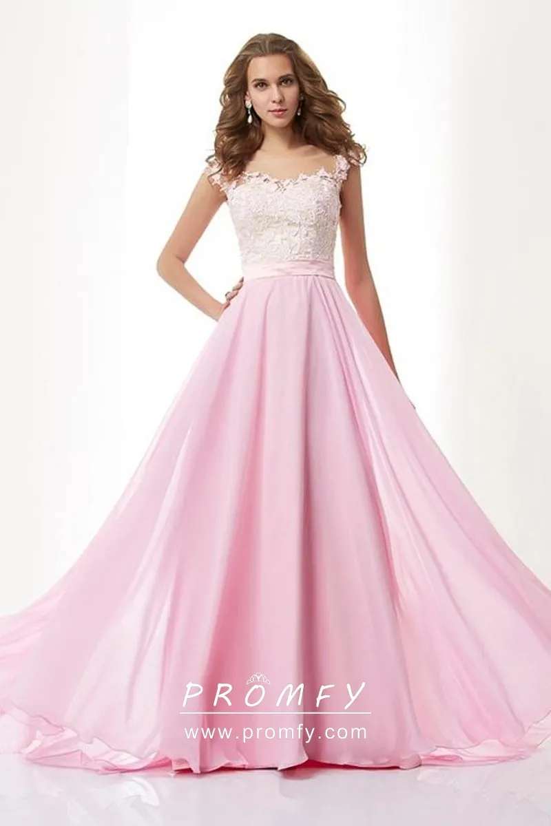 Sweet Pink Lace and Chiffon Cap Sleeve Prom Gown - Promfy