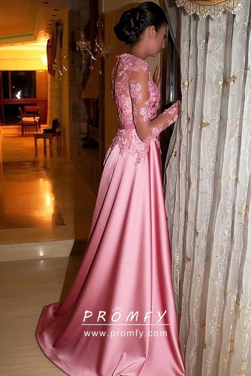 Timeless Pink Lace & Satin Long Sleeve Prom Dress - Promfy
