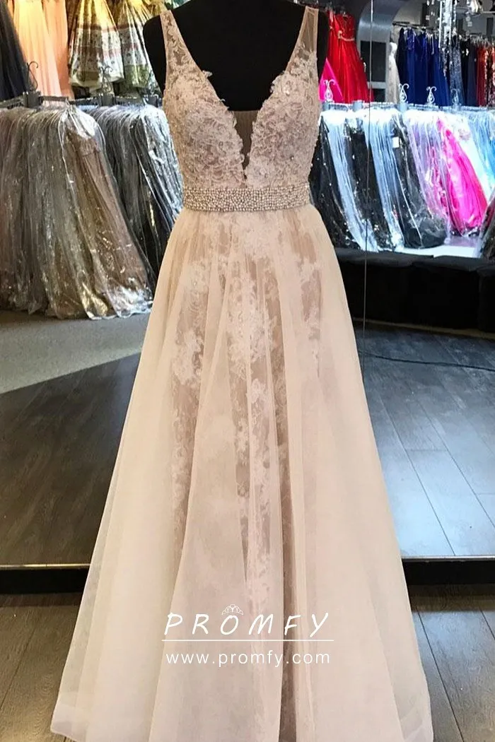 Ivory Lace with Organza Overlay Romantic Prom Dress - Promfy