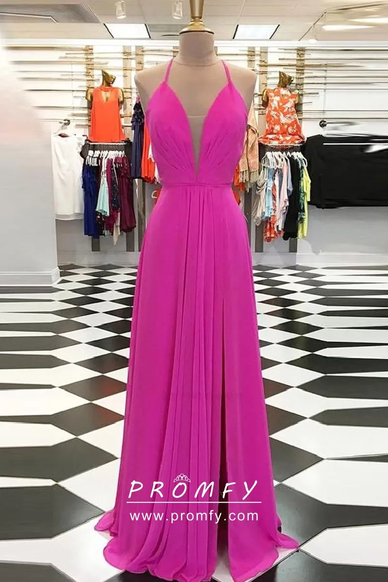 Intricate Straps Lace Up Back Fuchsia Chiffon Dress - Promfy