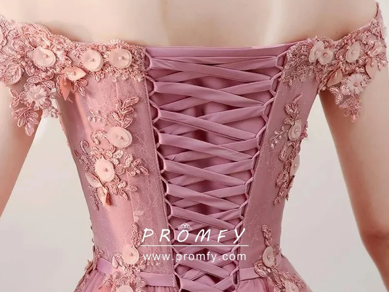 Rose Pink Lace & Tulle Off-the-shoulder Prom Dress - Promfy