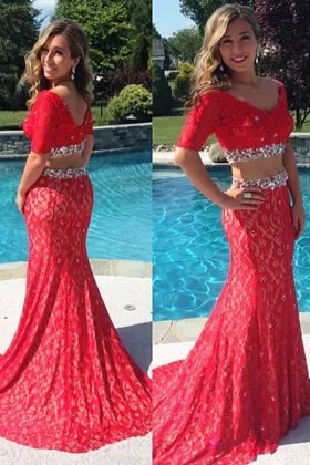 Two-piece Beaded Scarlet Red Lace Mermaid Prom Gown - Promfy