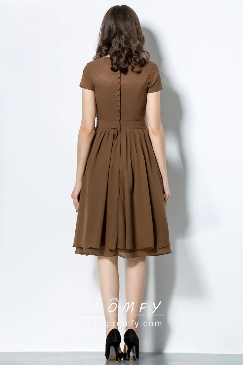 Short Sleeves Knee Length Coffee Bridesmaid Dress - Promfy