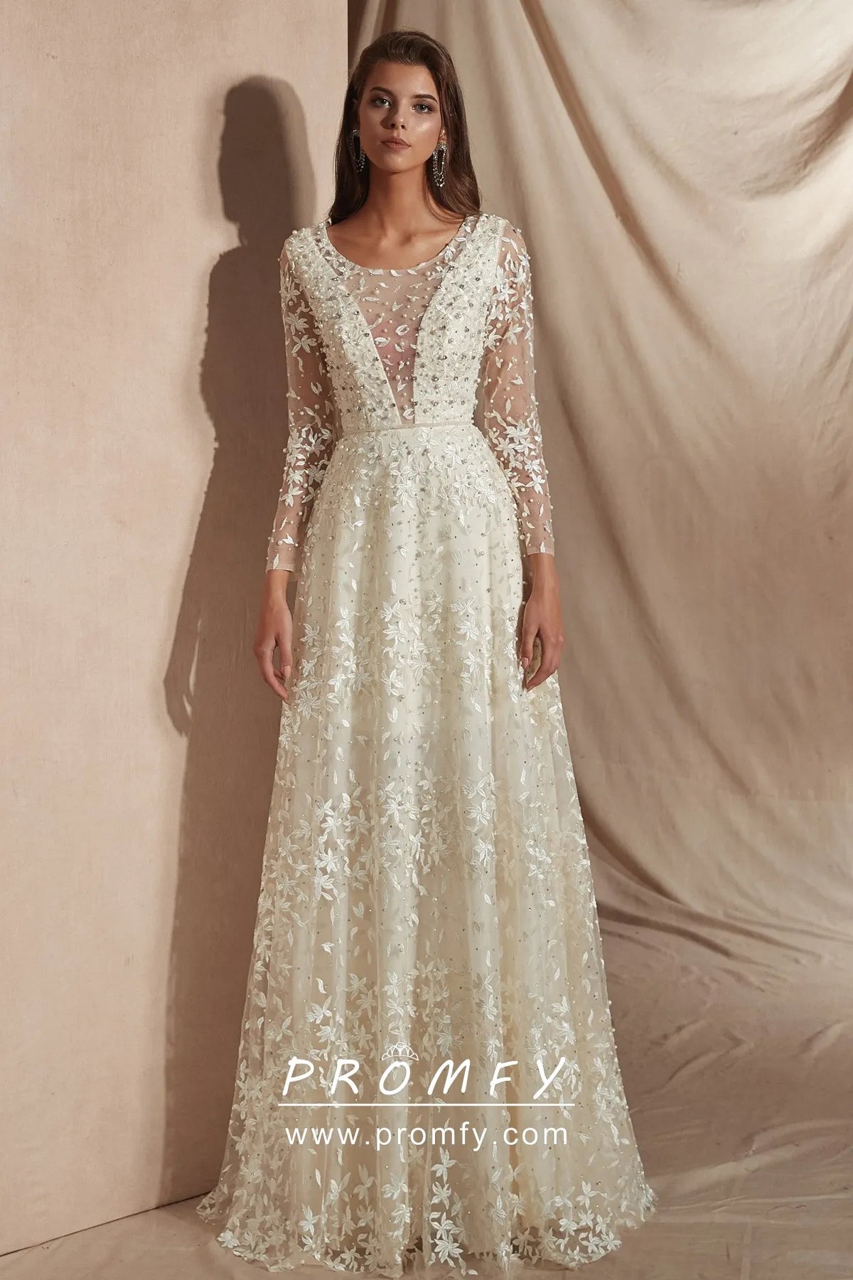 Beaded Leaf Cream Lace Sheer Long Sleeve Formal Dress - Promfy