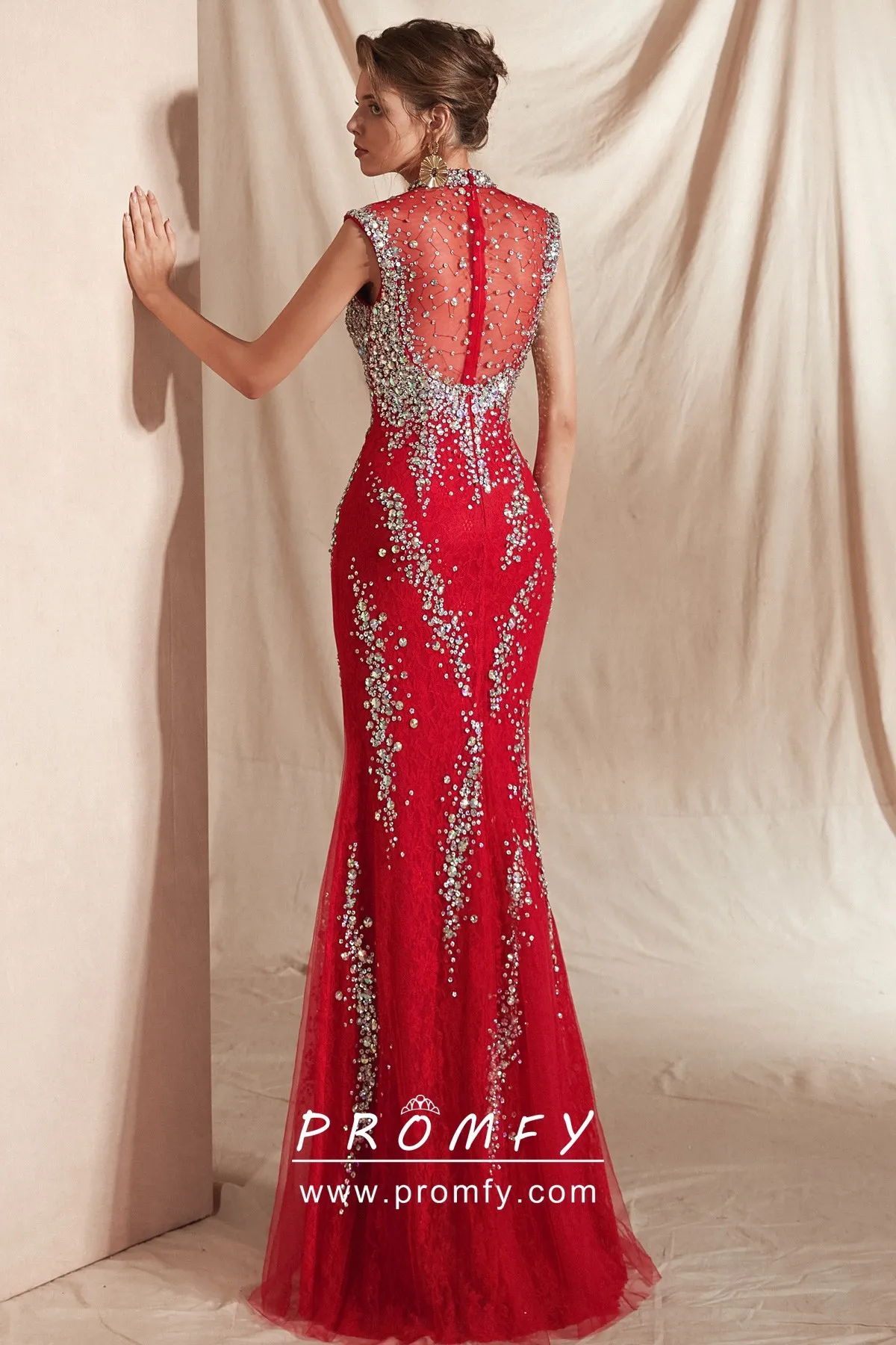 Red Lace Dazzling Rich Beaded Crystal Mermaid Prom Gown - Promfy