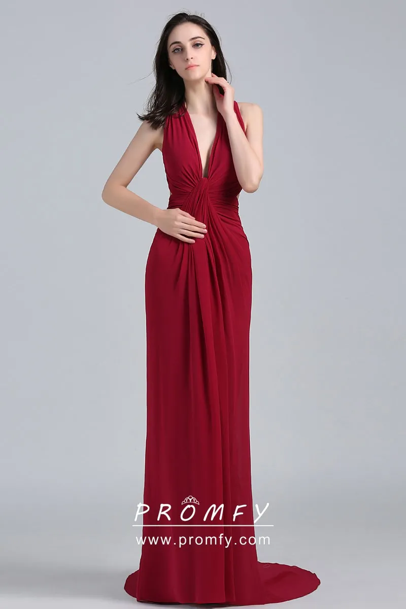 Draped Plunging Neckline Ruby Chiffon Formal Dress - Promfy