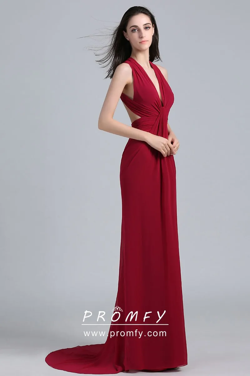 Draped Plunging Neckline Ruby Chiffon Formal Dress - Promfy