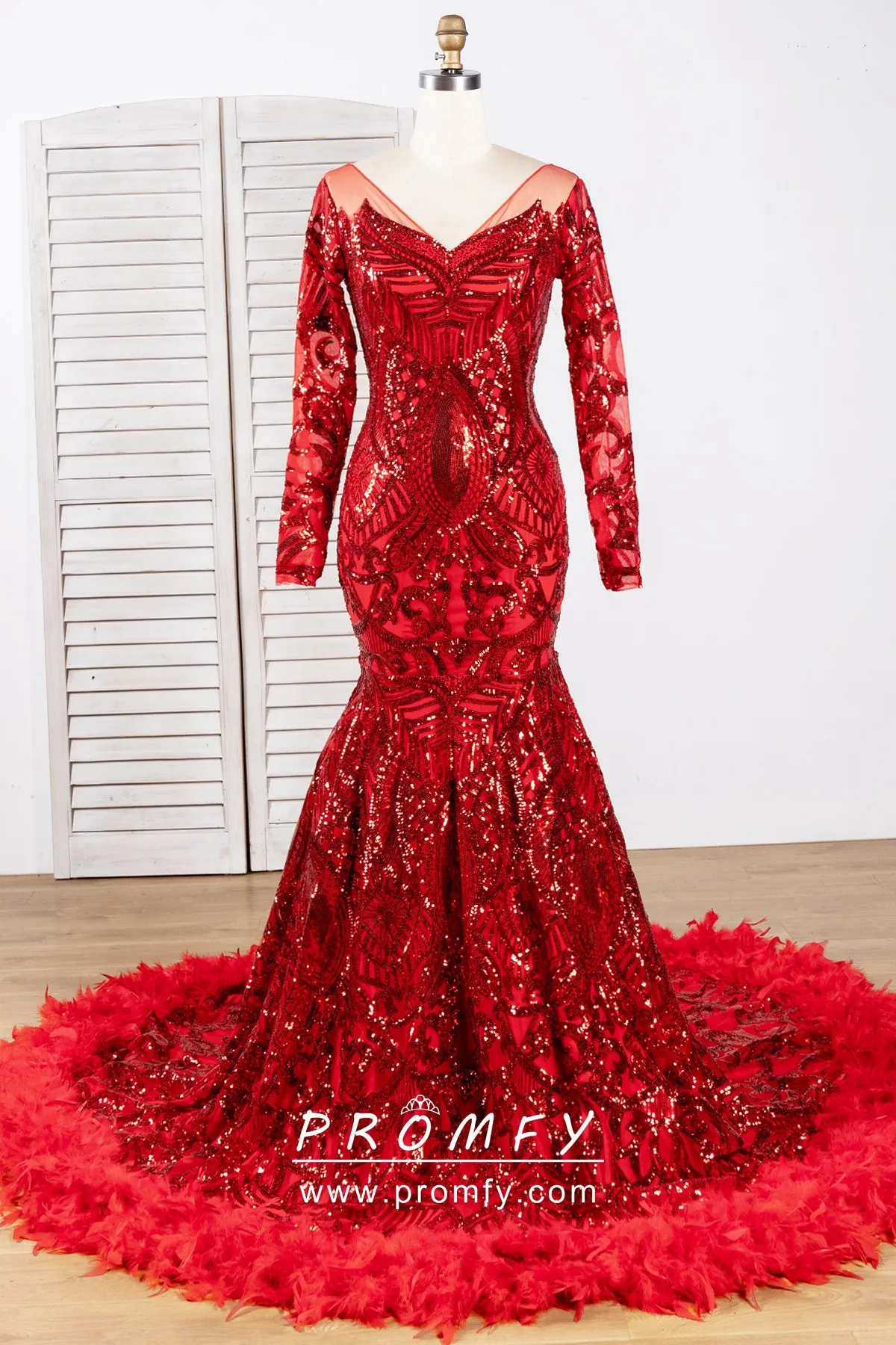 Sparkly Red Sequin Sleeved Feather Train Mermaid Dress - Promfy