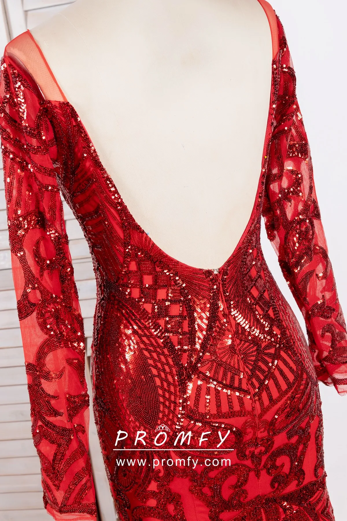 Sparkly Red Sequin Sleeved Feather Train Mermaid Dress - Promfy