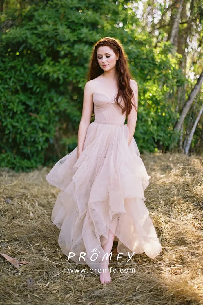 Champagne Tulle Strapless Sweetheart Wedding Gown - Promfy