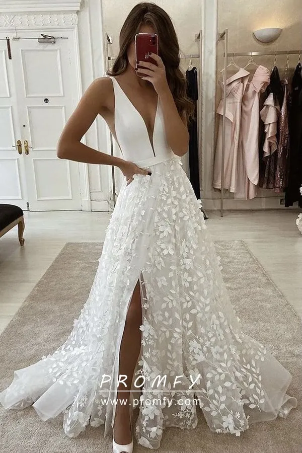 Sexy Plunging V Neck Slit 3D Floral Long Wedding Dress - Promfy