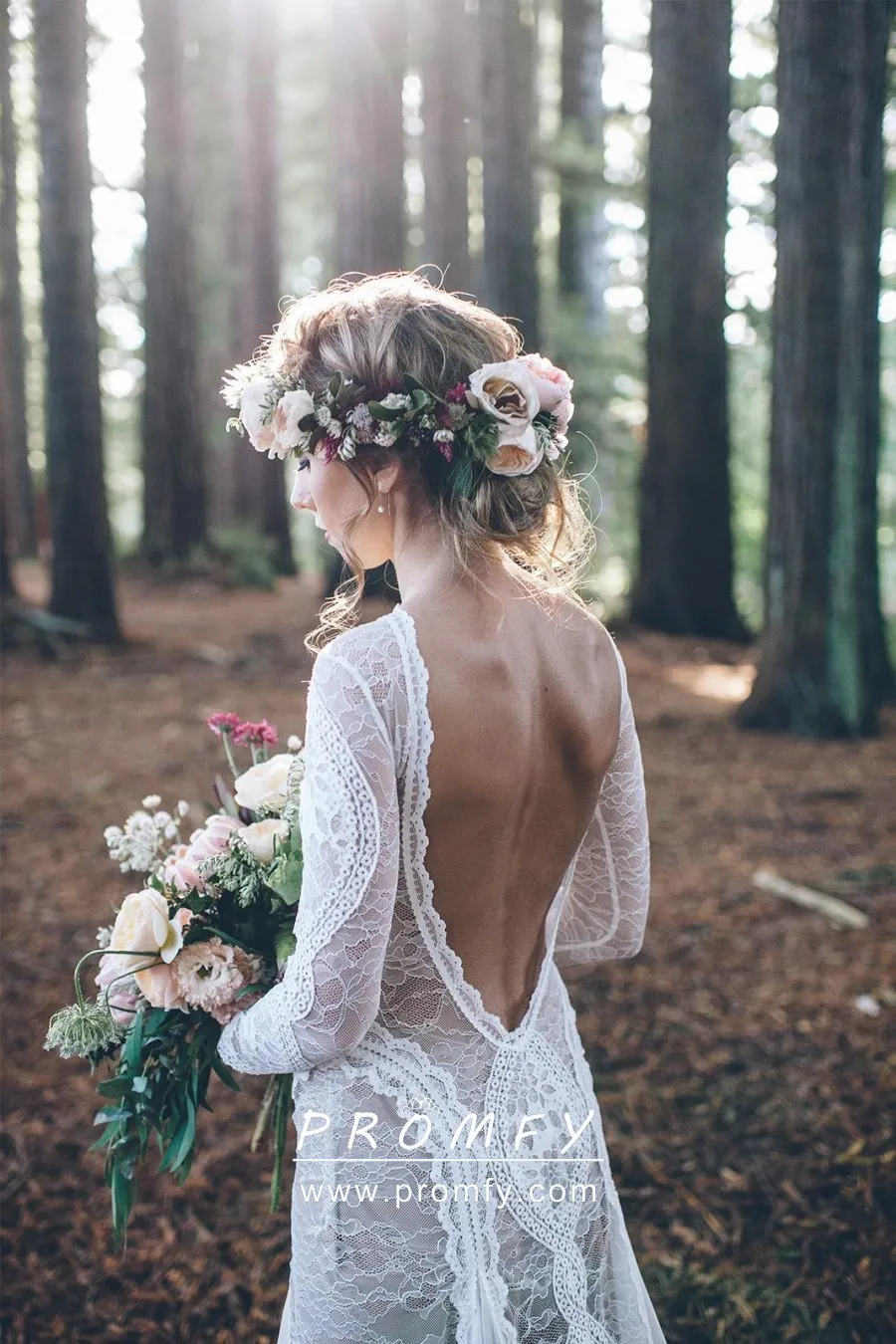 Nature Bateau Neck Sleeved Sheath Flowy Boho Lace Dress - Promfy