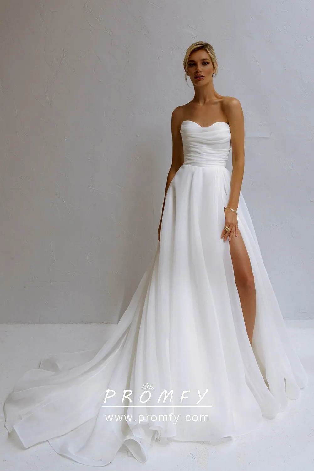 Modern Strapless A-line High-Slit Organza Wedding Dress - Promfy