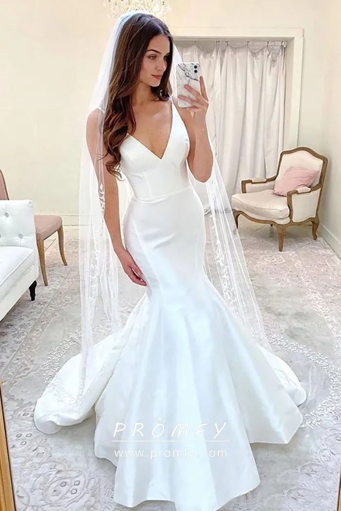 Simple Classic V-Neckline Satin Mermaid Wedding Dress - Promfy