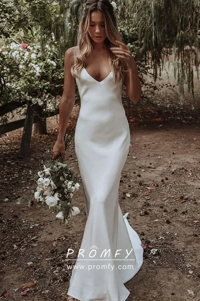 Minimalist Fit-and-Flare Satin Outdoor Wedding Dress - Promfy