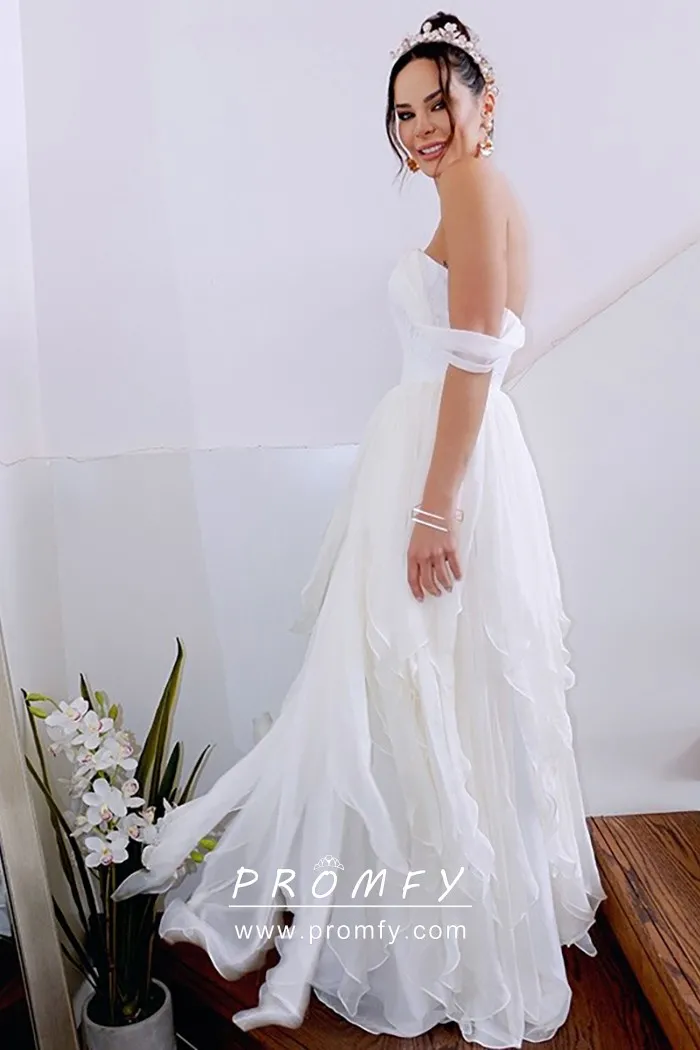 Off-shoulder Lace & Flowy Ruffled Chiffon Bridal Dress - Promfy