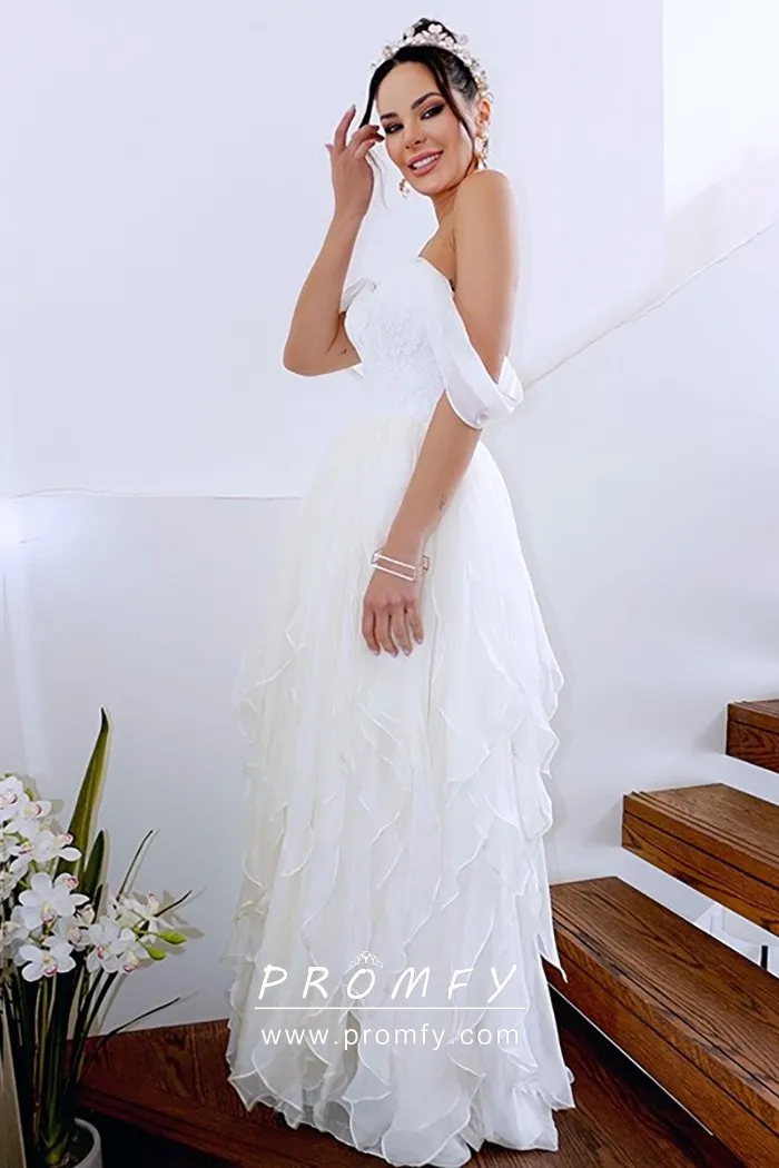 Off-shoulder Lace & Flowy Ruffled Chiffon Bridal Dress - Promfy