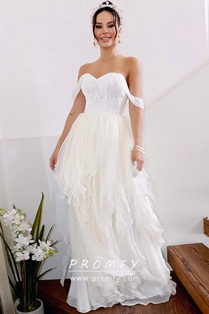 Off-shoulder Lace & Flowy Ruffled Chiffon Bridal Dress - Promfy