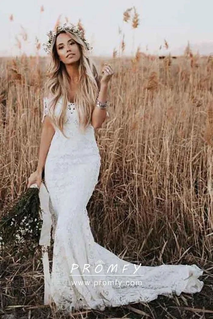 Off-the-shoulder Lace Sheath Boho Wedding Dress - Promfy