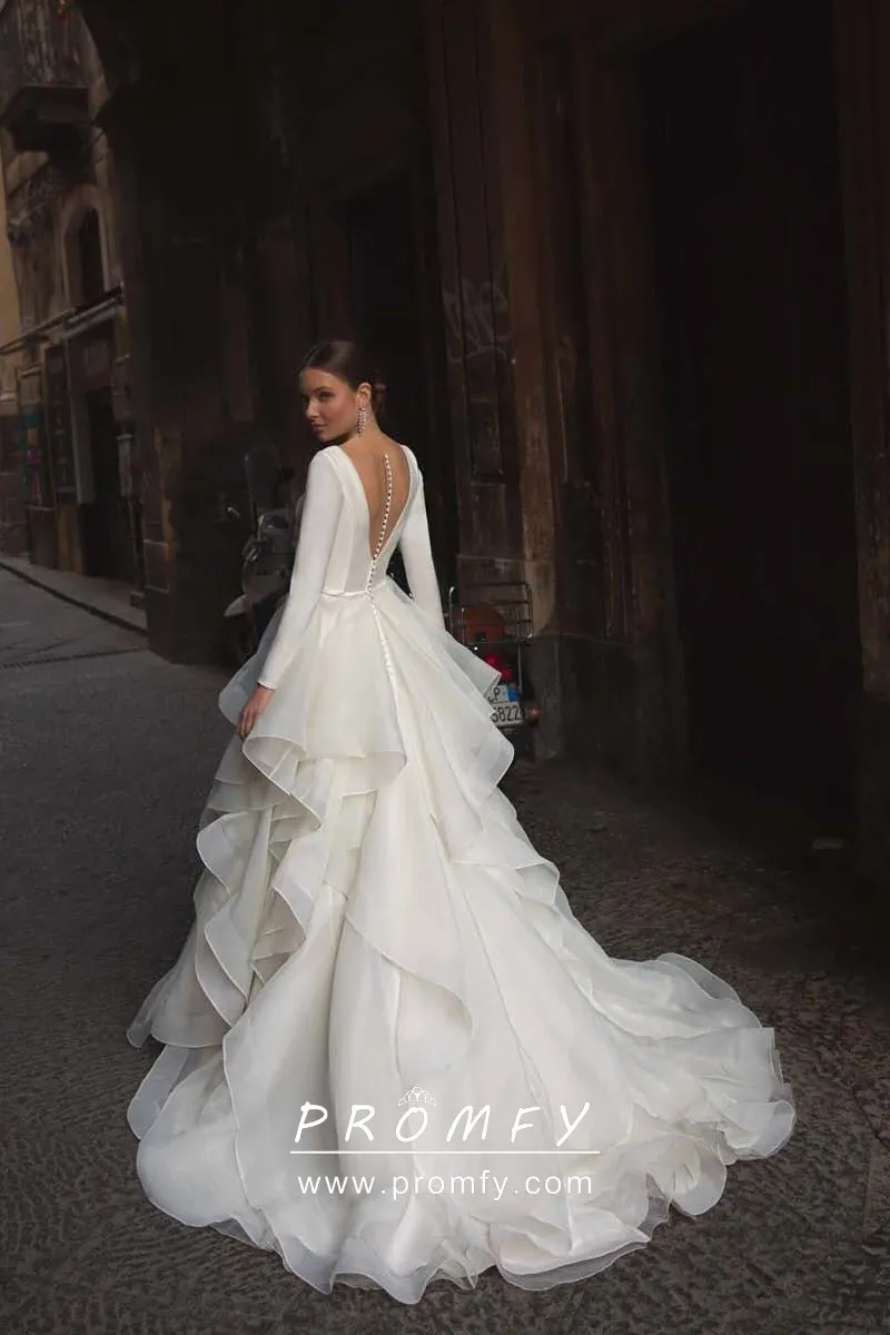 Modern Satin Sleeved Tiered Ruffle Organza Wedding Dress - Promfy