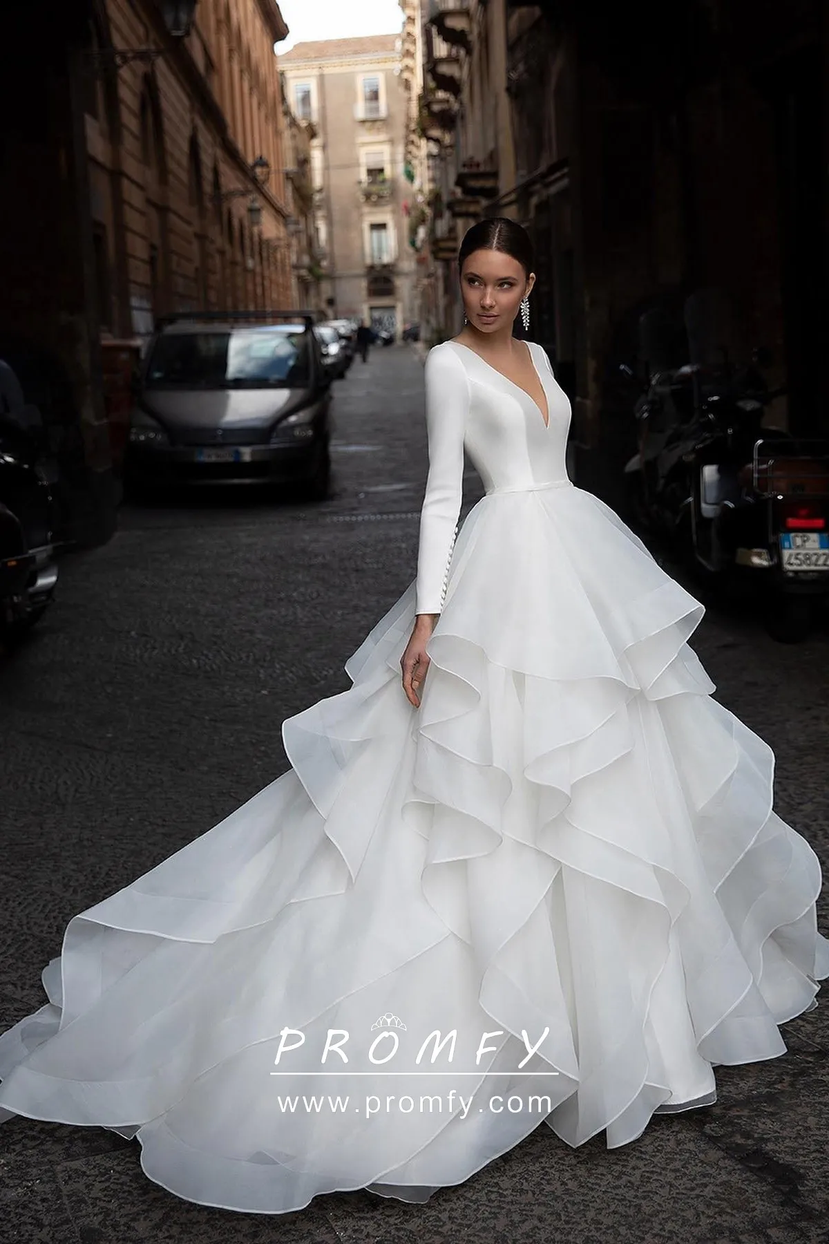 Modern Satin Sleeved Tiered Ruffle Organza Wedding Dress - Promfy
