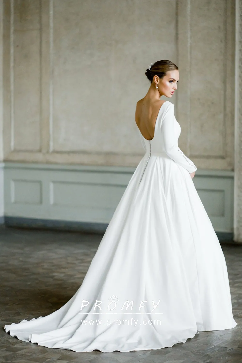 Long Sleeve Low Back Ivory Crepe Satin Wedding Ball Gown - Promfy