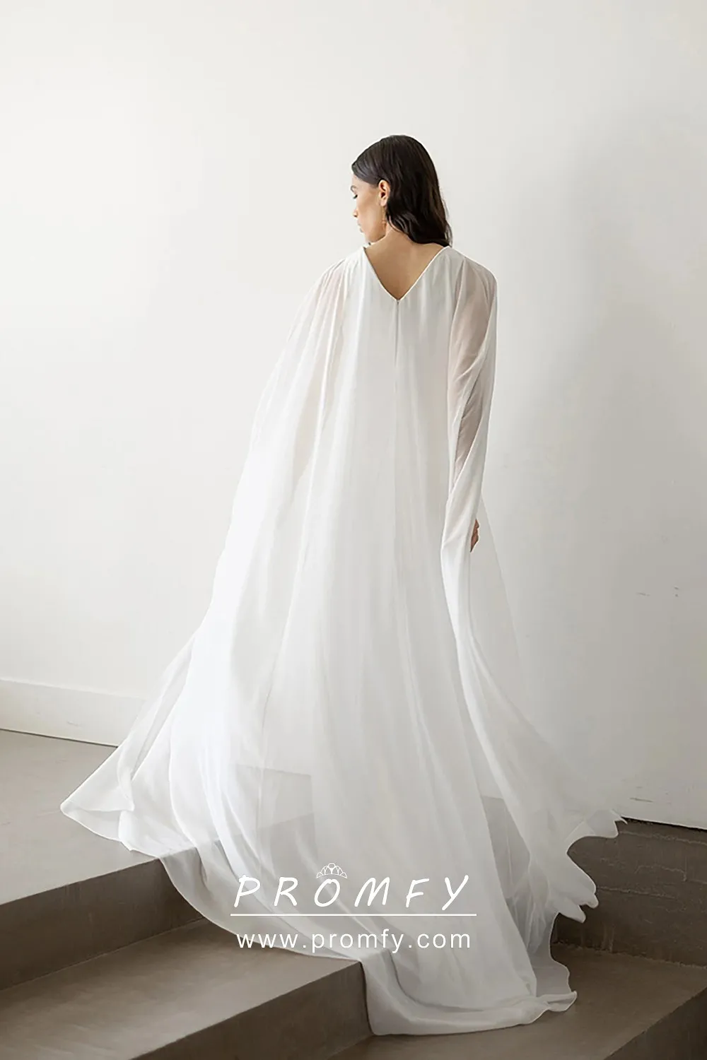 Vintage Satin Crew Neck Sheer Cape Sleeve Wedding Dress - Promfy