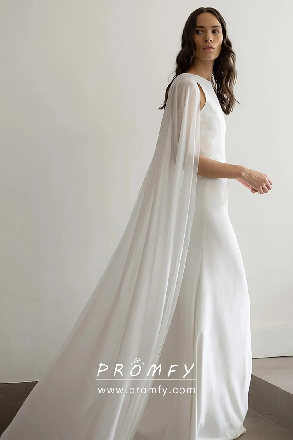 Vintage Satin Crew Neck Sheer Cape Sleeve Wedding Dress - Promfy