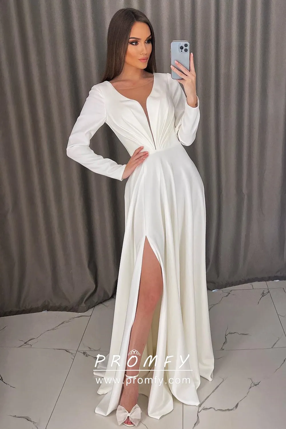 Ivory Satin Sleeved Long Casual Bridal Reception Dress - Promfy