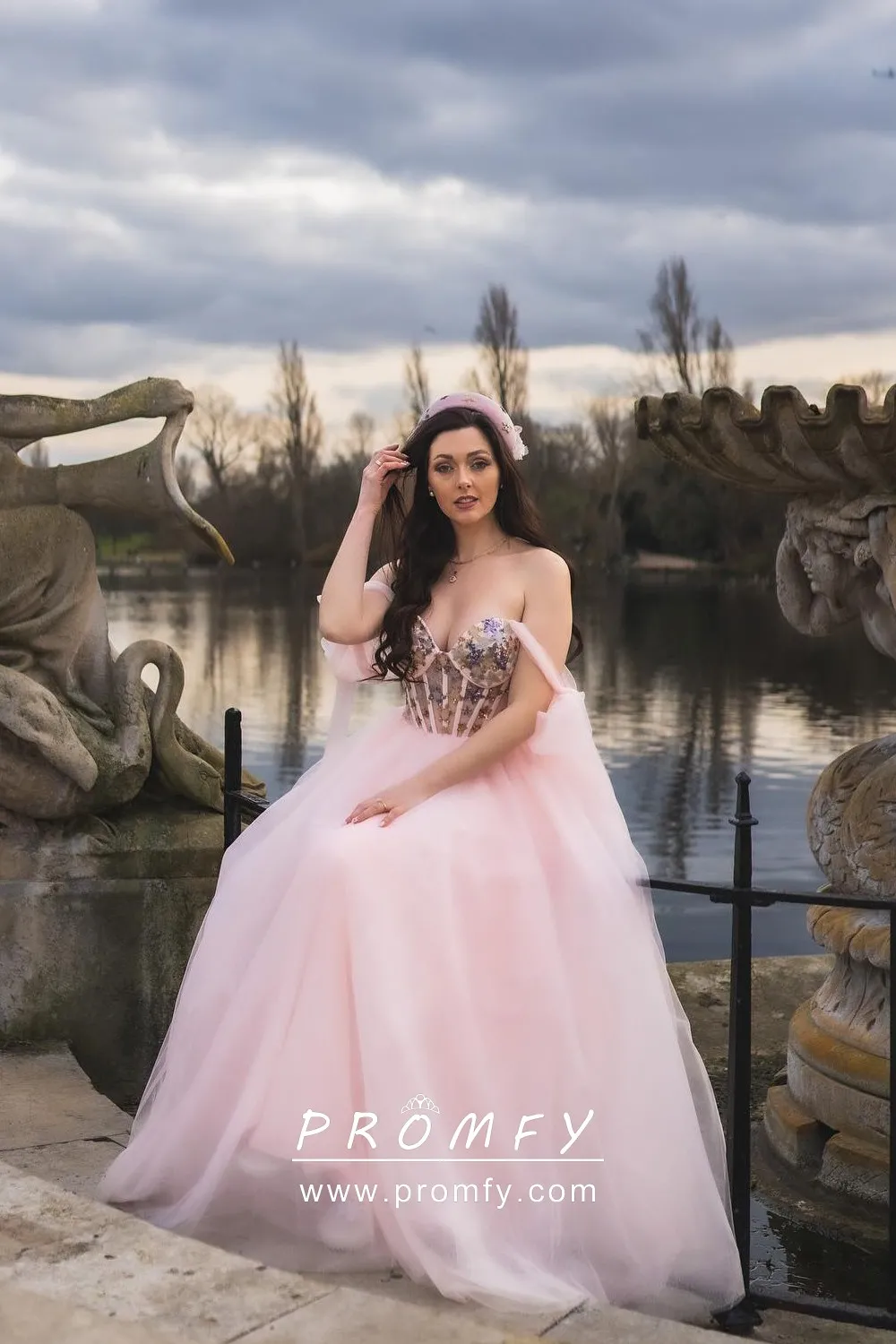 Pastel Pink Tulle Corset Wide Strap Garden Wedding Dress - Promfy