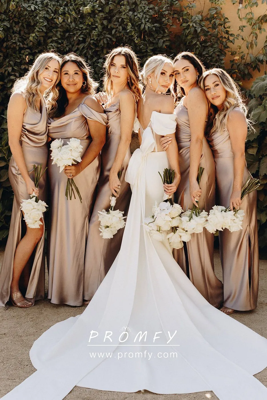 Modern Off-shoulder Fit-and-Flare Satin Bow Bridal Dress - Promfy