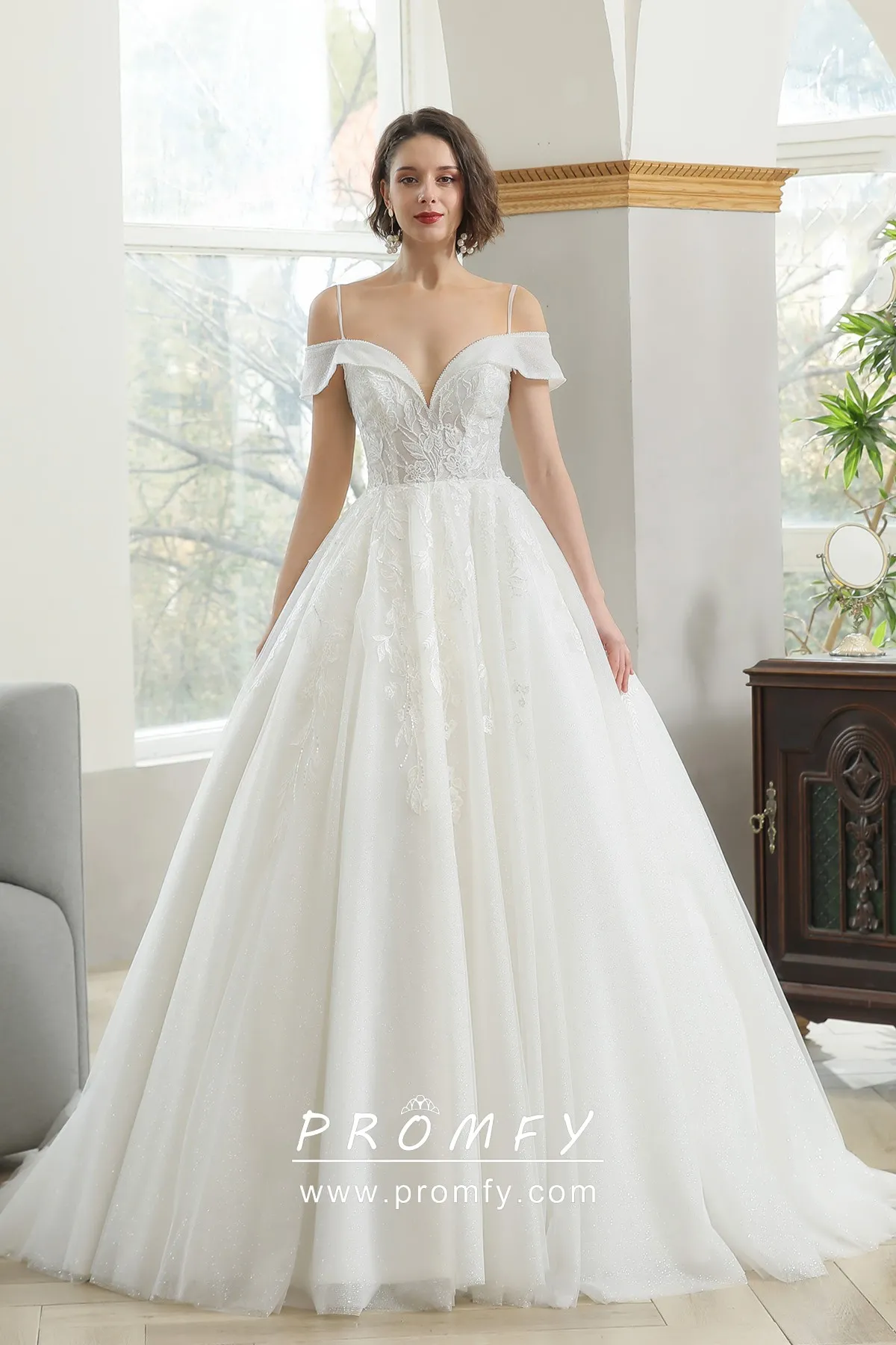Off-shoulder Glitter Tulle Lace Princess Wedding Dress - Promfy