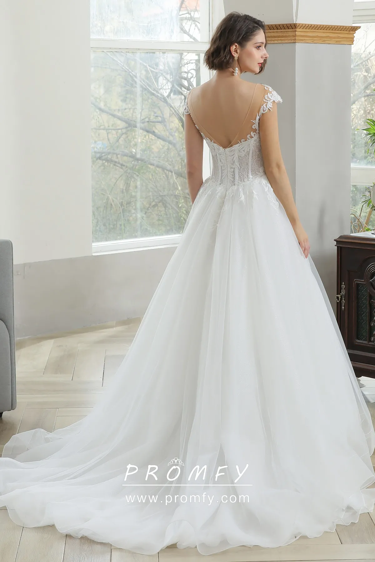 Modern Illusion Sweetheart Cap Sleeve A-line Bridal Gown - Promfy