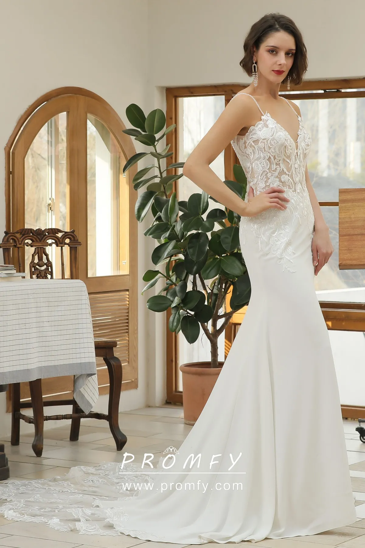 Lace & Satin Spaghetti Straps V Neck Outdoor Bridal Gown - Promfy