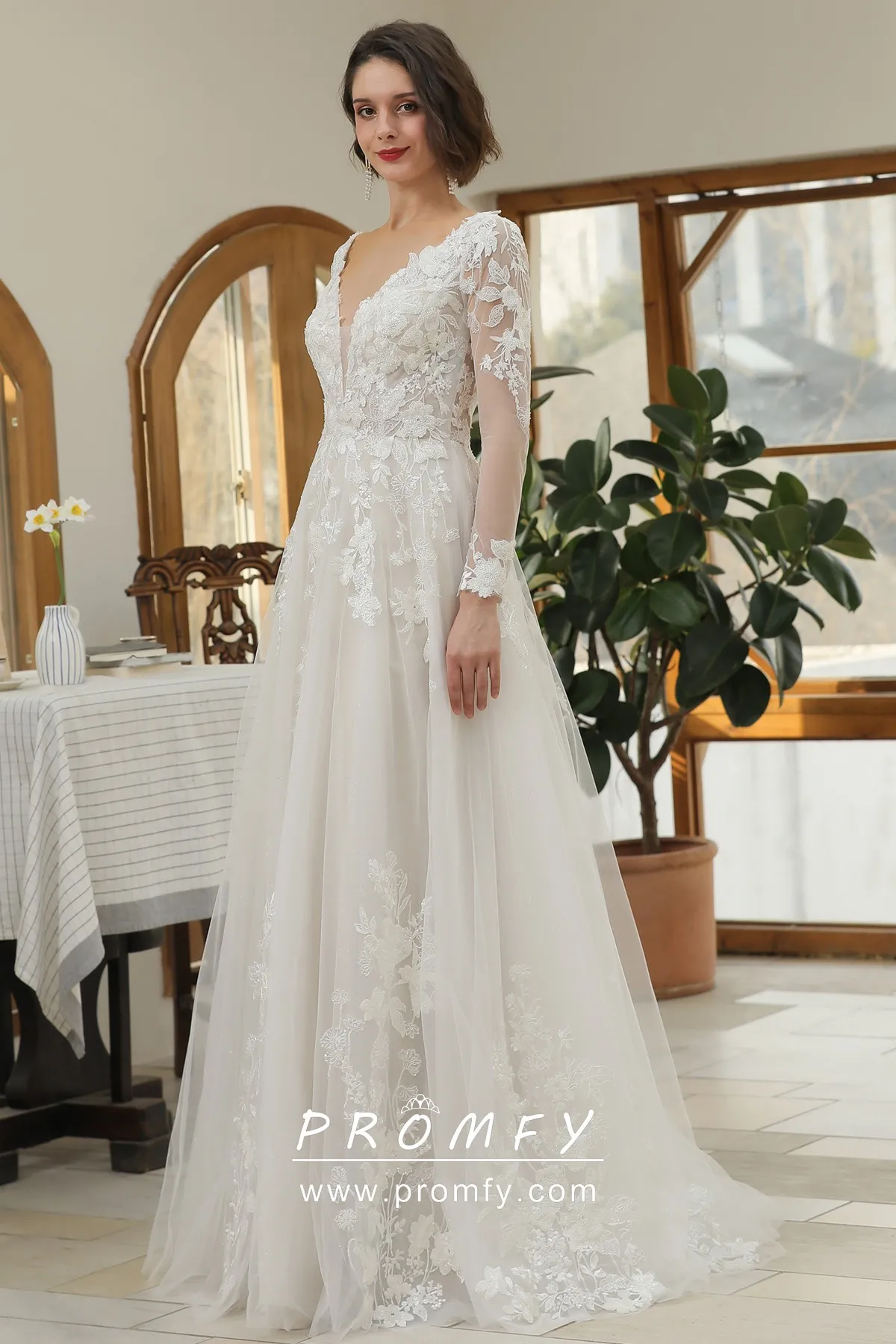 Floral Lace & Tulle Long Sleeves Spring Wedding Dress - Promfy